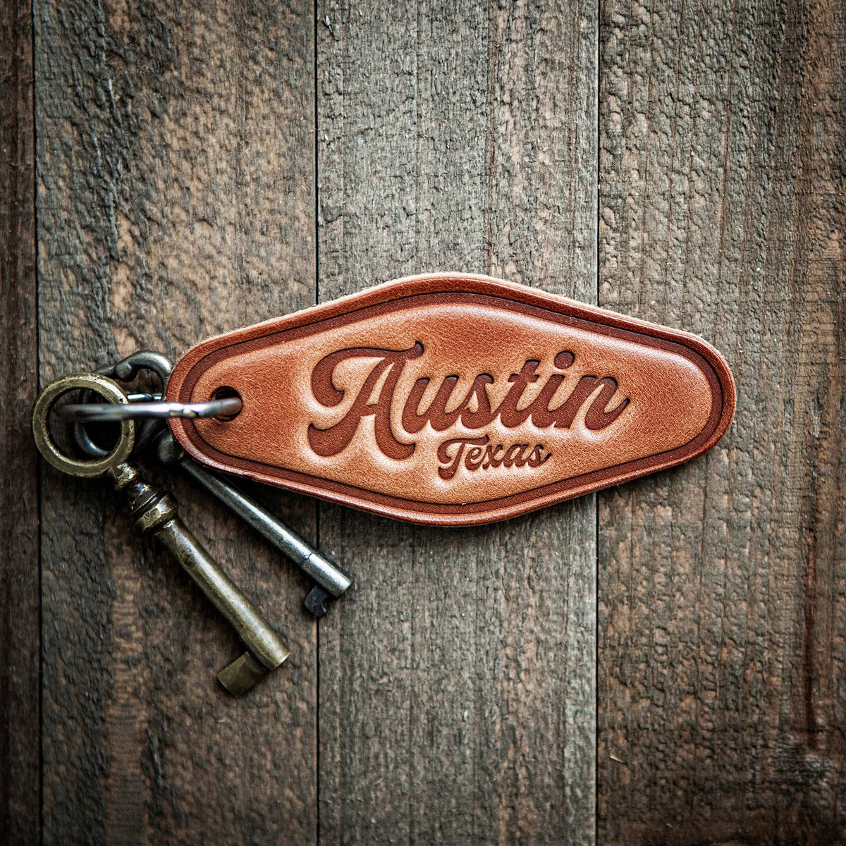 Austin Texas Script Leather Keychain Motel Style – Letterpress PLAY